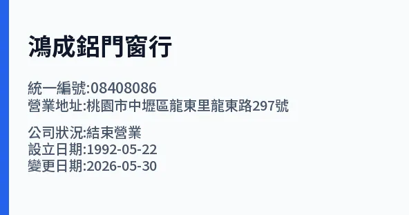鴻成鋁門窗行的照片-統編 08408086(桃園市) 公司登記資料與營業項目詳細圖表