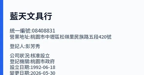 藍天文具行的照片-統編 08408831(桃園市) 公司登記資料與營業項目詳細圖表