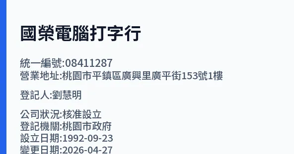 國榮電腦打字行的照片-統編 08411287(桃園市) 公司登記資料與營業項目詳細圖表