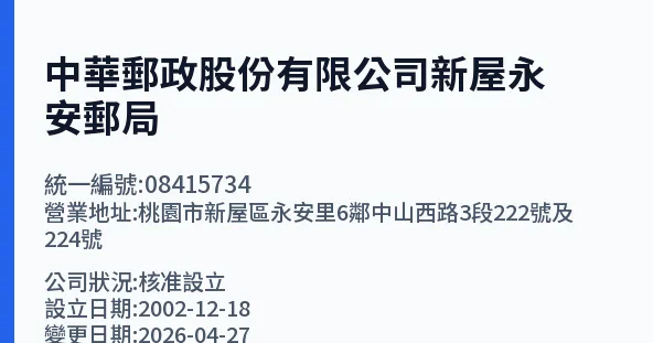 中華郵政股份有限公司新屋永安郵局的照片-統編 08415734(桃園市) 公司登記資料與營業項目詳細圖表