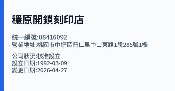 穩原開鎖刻印店的照片-統編 08416092(桃園市) 公司登記資料與營業項目詳細圖表