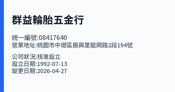 群益輪胎五金行的照片-統編 08417640(桃園市) 公司登記資料與營業項目詳細圖表