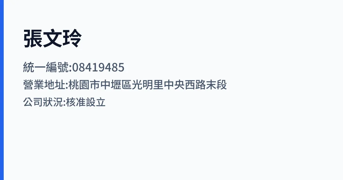 張文玲 - 統編 08419485(桃園市) 公司登記資料與營業項目詳細圖表
