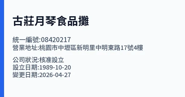 古莊月琴食品攤的照片-統編 08420217(桃園市) 公司登記資料與營業項目詳細圖表