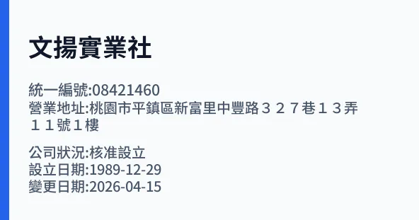 文揚實業社的照片-統編 08421460(桃園市) 公司登記資料與營業項目詳細圖表