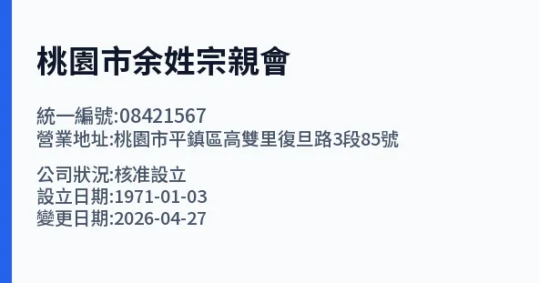 桃園市余姓宗親會的照片-統編 08421567(桃園市) 公司登記資料與營業項目詳細圖表