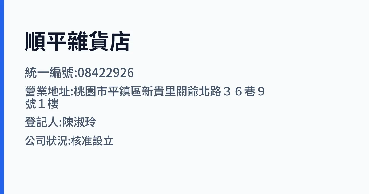順平雜貨店 - 統編 08422926(桃園市) 公司登記資料與營業項目詳細圖表