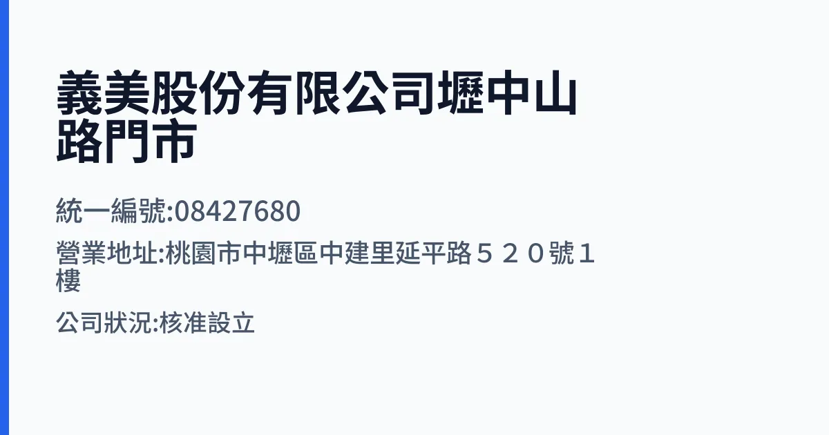 義美股份有限公司壢中山路門市 - 統編 08427680 (桃園市) 公司登記資料與營業項目詳細圖表