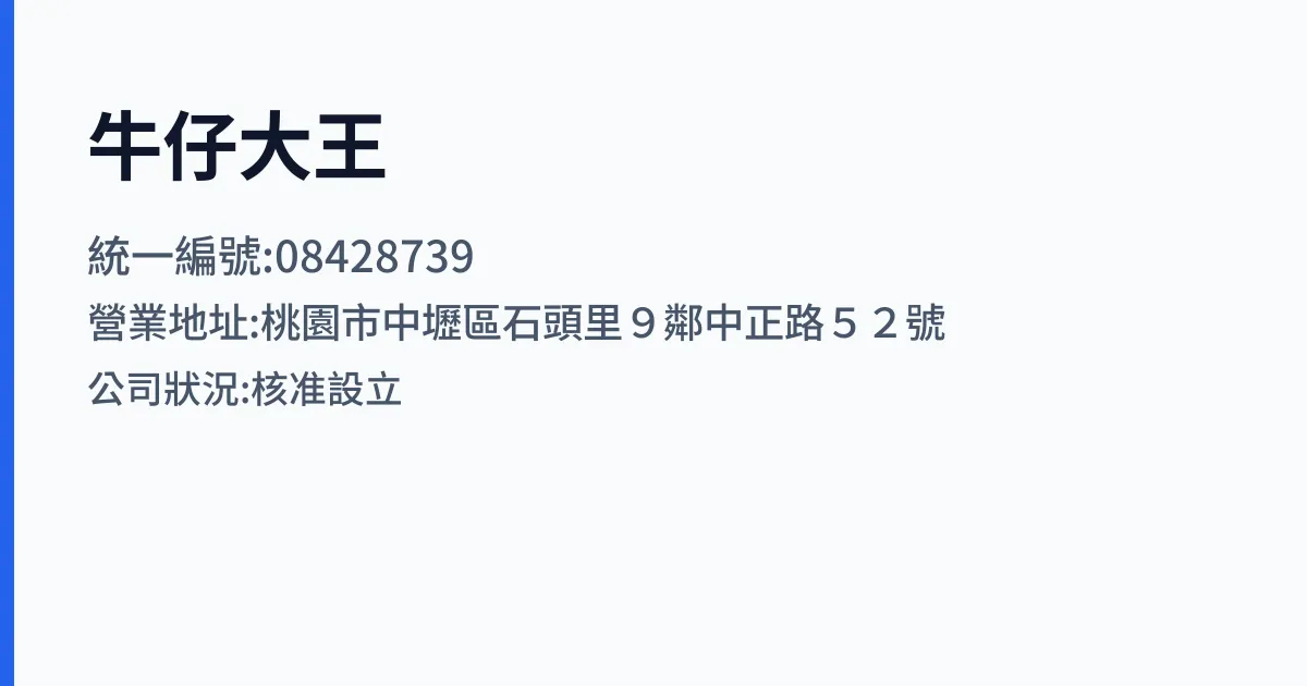 牛仔大王 - 統編 08428739(桃園市) 公司登記資料與營業項目詳細圖表