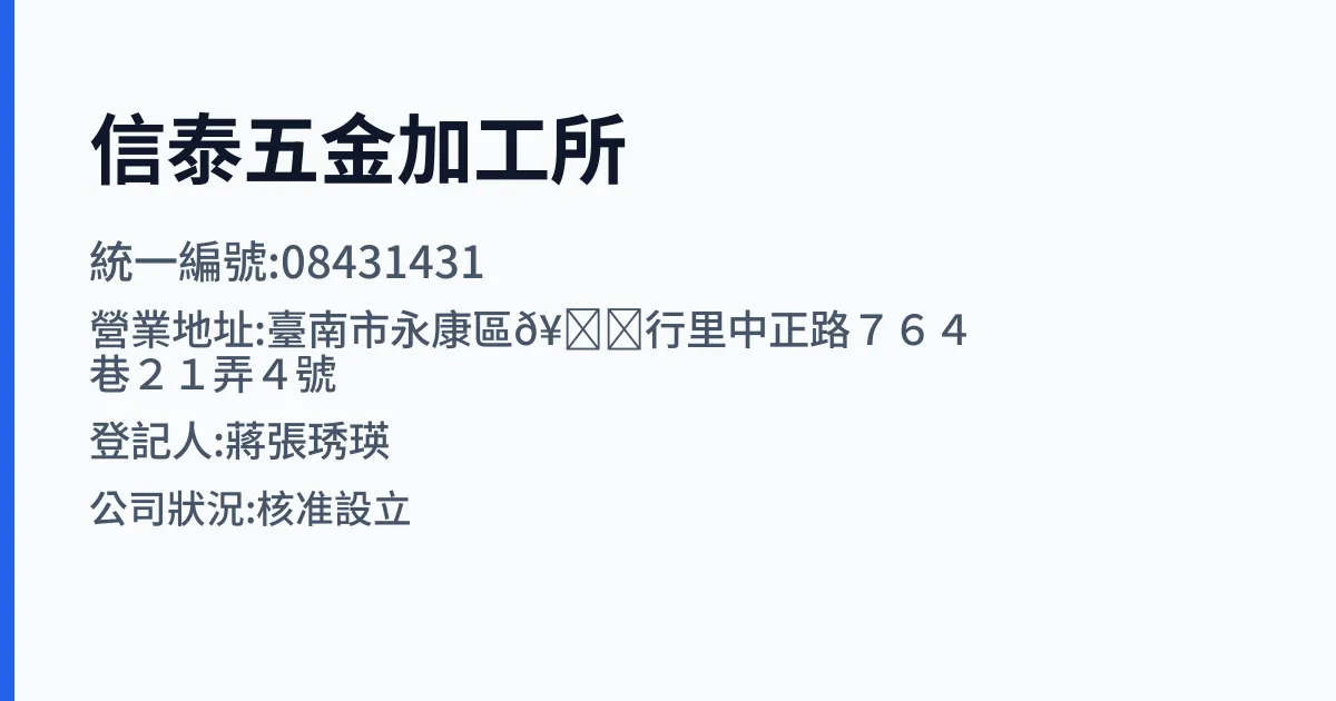 信泰五金加工所 - 統編 08431431(臺南市) 公司登記資料與營業項目詳細圖表