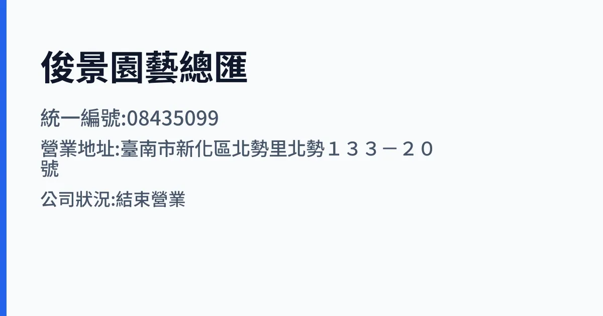 俊景園藝總匯 - 統編 08435099(臺南市) 公司登記資料與營業項目詳細圖表