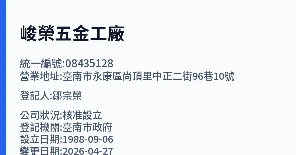 峻榮五金工廠的照片-統編 08435128(臺南市) 公司登記資料與營業項目詳細圖表