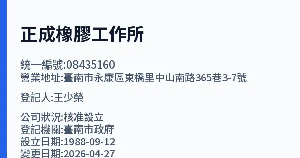 正成橡膠工作所的照片-統編 08435160(臺南市) 公司登記資料與營業項目詳細圖表