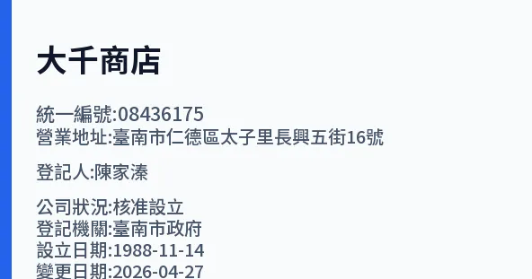 大千商店的照片-統編 08436175(臺南市) 公司登記資料與營業項目詳細圖表