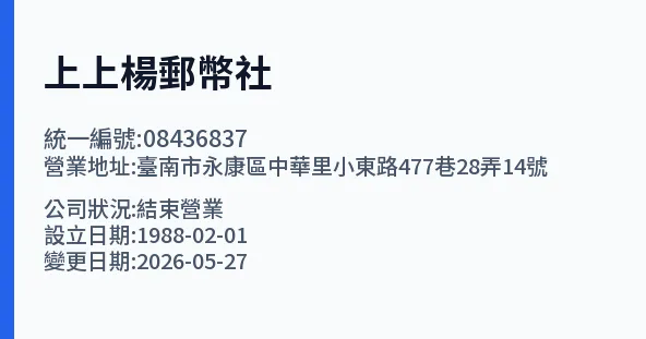 上上楊郵幣社的照片-統編 08436837(臺南市) 公司登記資料與營業項目詳細圖表