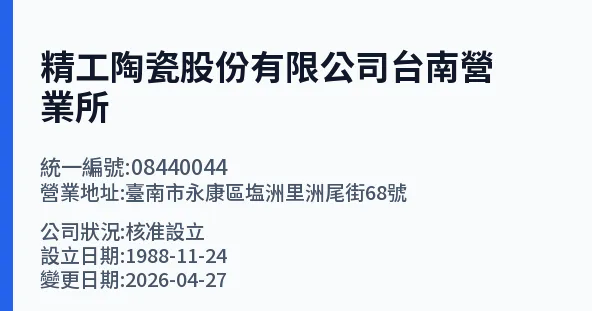 精工陶瓷股份有限公司台南營業所的照片-統編 08440044(臺南市) 公司登記資料與營業項目詳細圖表