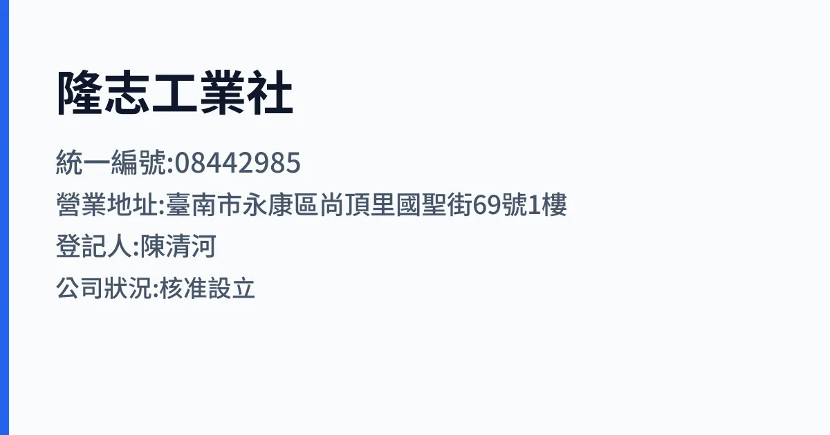 隆志工業社 - 統編 08442985(臺南市) 公司登記資料與營業項目詳細圖表