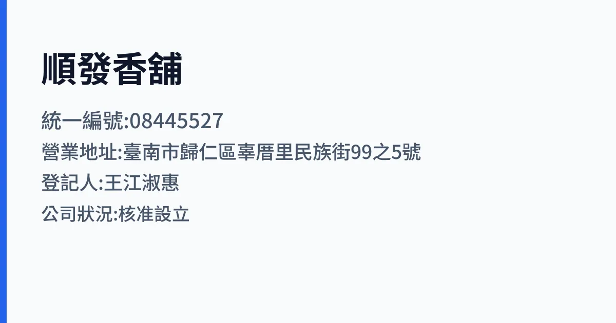 順發香舖 - 統編 08445527(臺南市) 公司登記資料與營業項目詳細圖表
