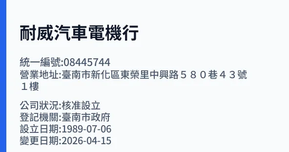 耐威汽車電機行的照片-統編 08445744(臺南市) 公司登記資料與營業項目詳細圖表