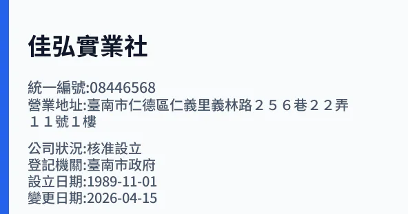 佳弘實業社的照片-統編 08446568(臺南市) 公司登記資料與營業項目詳細圖表