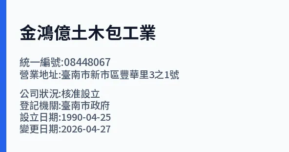 金鴻億土木包工業的照片-統編 08448067(臺南市) 公司登記資料與營業項目詳細圖表