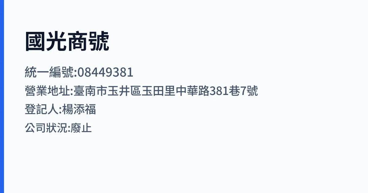 國光商號 - 統編 08449381(臺南市) 公司登記資料與營業項目詳細圖表