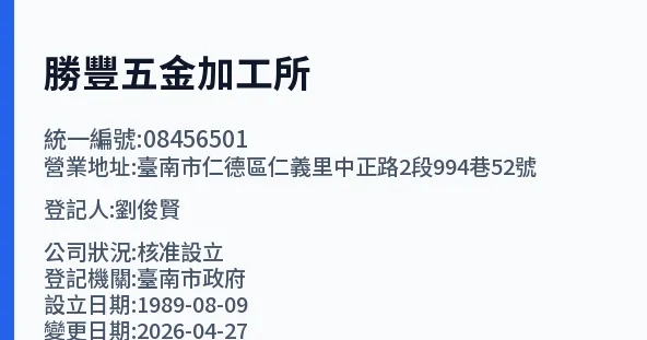 勝豐五金加工所的照片-統編 08456501(臺南市) 公司登記資料與營業項目詳細圖表