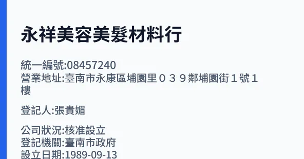 永祥美容美髮材料行的照片-統編 08457240(臺南市) 公司登記資料與營業項目詳細圖表