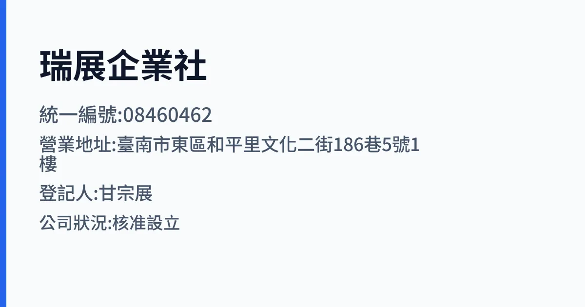 瑞展企業社 - 統編 08460462(臺南市) 公司登記資料與營業項目詳細圖表