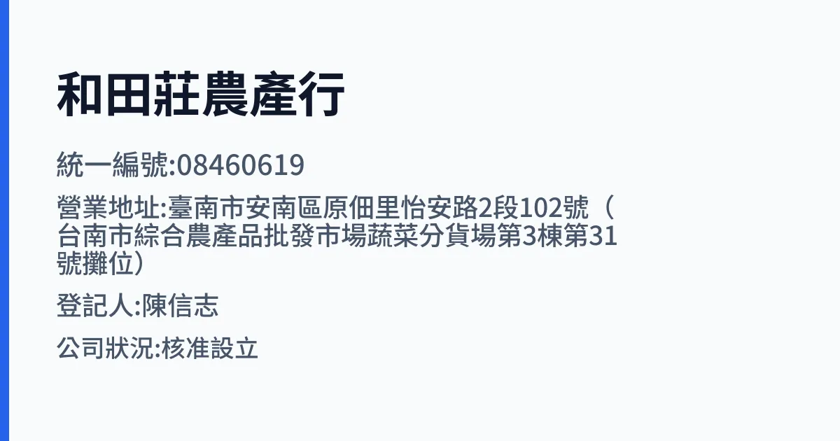 和田莊農產行 - 統編 08460619(臺南市) 公司登記資料與營業項目詳細圖表