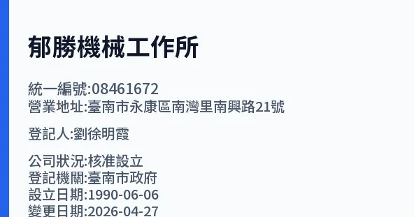 郁勝機械工作所的照片-統編 08461672(臺南市) 公司登記資料與營業項目詳細圖表