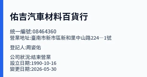 佑吉汽車材料百貨行的照片-統編 08464360(臺南市) 公司登記資料與營業項目詳細圖表