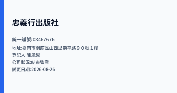 忠義行出版社的照片-統編 08467676(臺南市) 公司登記資料與營業項目詳細圖表
