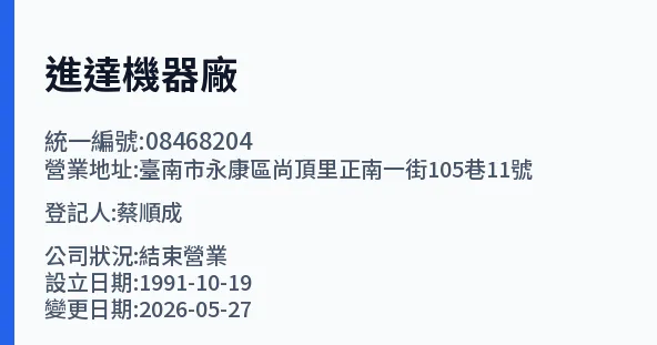 進達機器廠的照片-統編 08468204(臺南市) 公司登記資料與營業項目詳細圖表