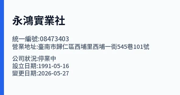 永鴻實業社的照片-統編 08473403(臺南市) 公司登記資料與營業項目詳細圖表
