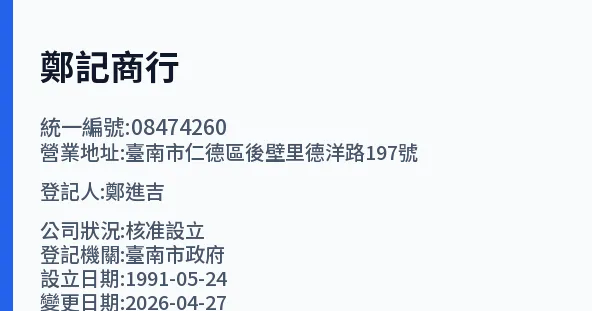 鄭記商行的照片-統編 08474260(臺南市) 公司登記資料與營業項目詳細圖表