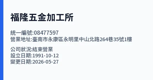 福隆五金加工所的照片-統編 08477597(臺南市) 公司登記資料與營業項目詳細圖表