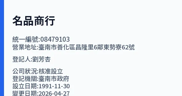 名品商行的照片-統編 08479103(臺南市) 公司登記資料與營業項目詳細圖表