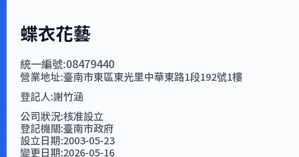 蝶衣花藝的照片-統編 08479440(臺南市) 公司登記資料與營業項目詳細圖表