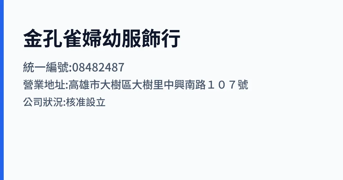 金孔雀婦幼服飾行 - 統編 08482487（高雄市） 公司登記資料與營業項目詳細圖表