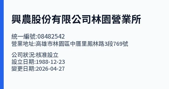 興農股份有限公司林園營業所的照片-統編 08482542(高雄市) 公司登記資料與營業項目詳細圖表