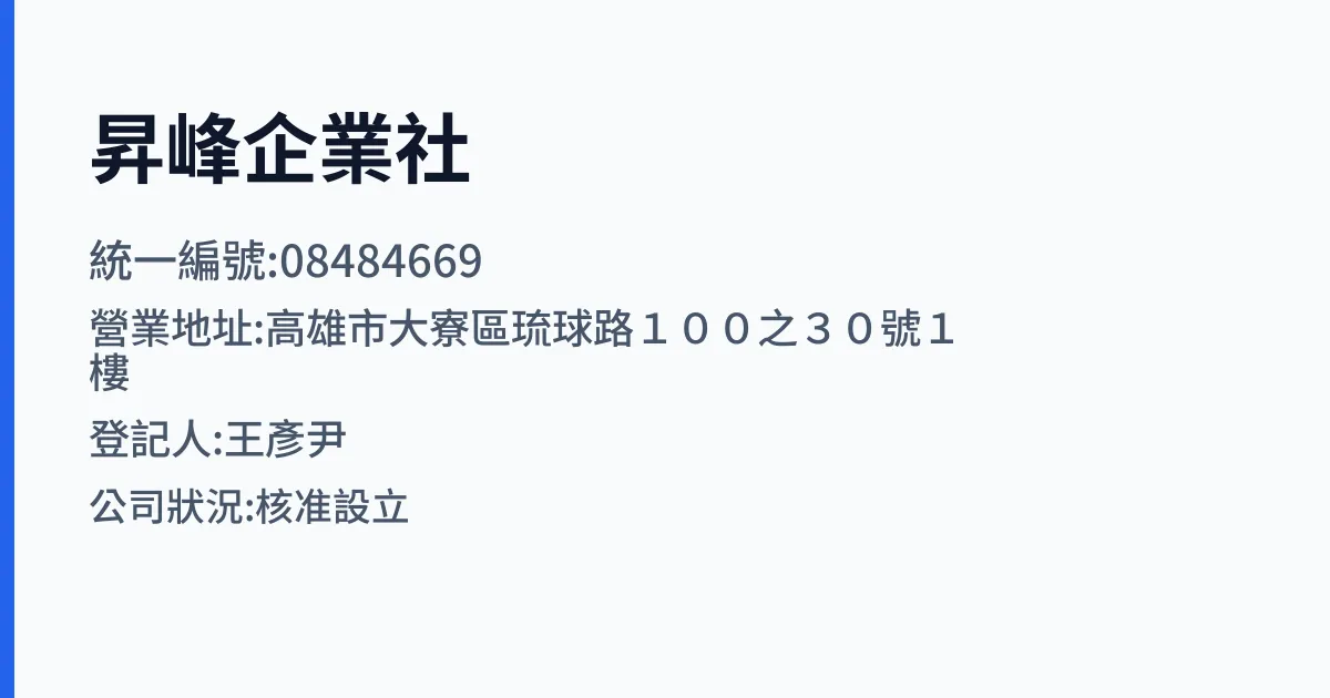 昇峰企業社 - 統編 08484669(高雄市) 公司登記資料與營業項目詳細圖表