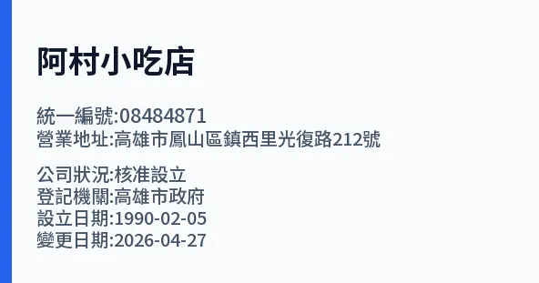 阿村小吃店的照片-統編 08484871(高雄市) 公司登記資料與營業項目詳細圖表