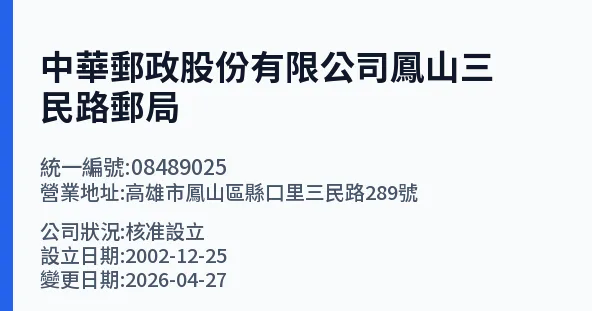 中華郵政股份有限公司鳳山三民路郵局的照片-統編 08489025(高雄市) 公司登記資料與營業項目詳細圖表