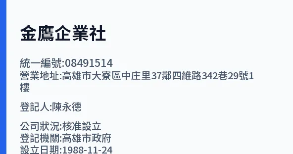 金鷹企業社的照片-統編 08491514(高雄市) 公司登記資料與營業項目詳細圖表