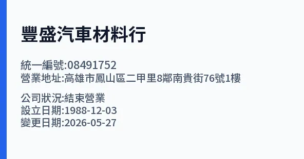 豐盛汽車材料行的照片-統編 08491752(高雄市) 公司登記資料與營業項目詳細圖表