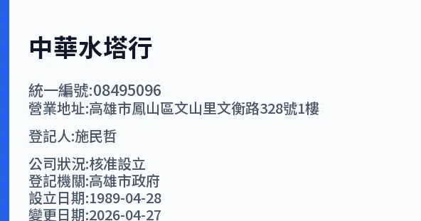 中華水塔行的照片-統編 08495096(高雄市) 公司登記資料與營業項目詳細圖表