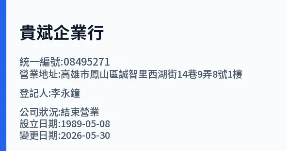 貴斌企業行的照片-統編 08495271(高雄市) 公司登記資料與營業項目詳細圖表