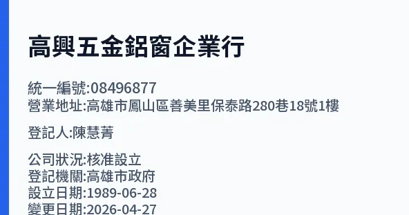 高興五金鋁窗企業行的照片-統編 08496877(高雄市) 公司登記資料與營業項目詳細圖表