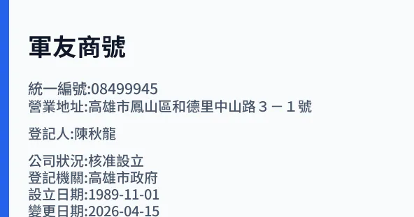 軍友商號的照片-統編 08499945(高雄市) 公司登記資料與營業項目詳細圖表